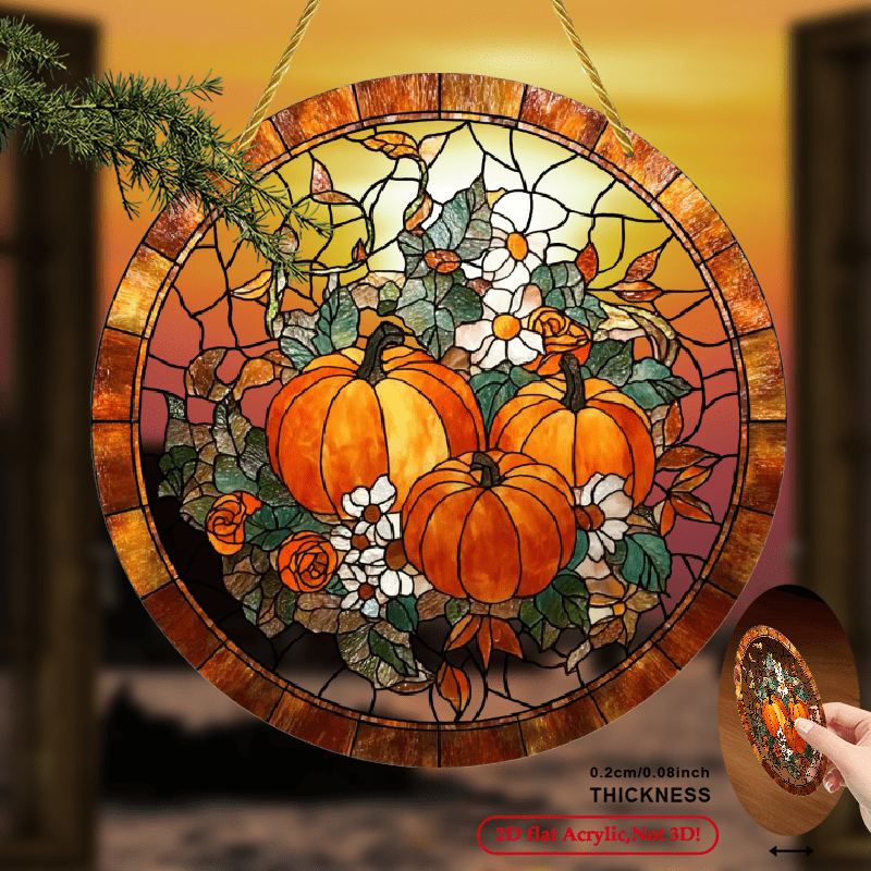 2D Flat, 1pc Autumn Harvest Pumpkin Floral Suncatcher - 8x8 Inch ...