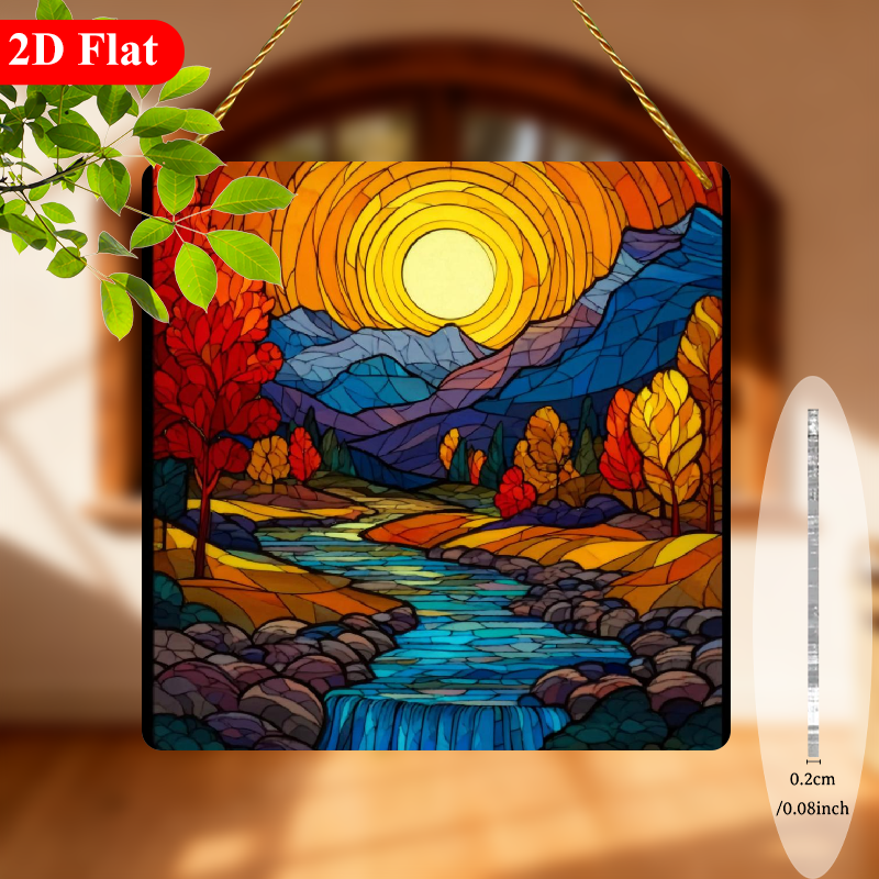 2D Flat, 1pc Autumn River Sunset Acrylic Suncatcher - 8x8 Inch Vibrant ...