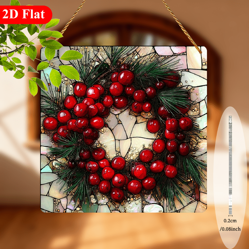 2D Flat, 1pc Bohemian Holiday with Berries Acrylic Sun Catcher - 8x8 ...