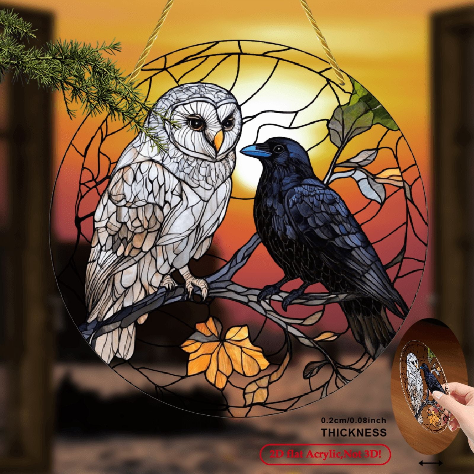 2D Flat, 1pc Bohemian Owl & Crow Sun Catcher - 8x8 Inch Circular ...