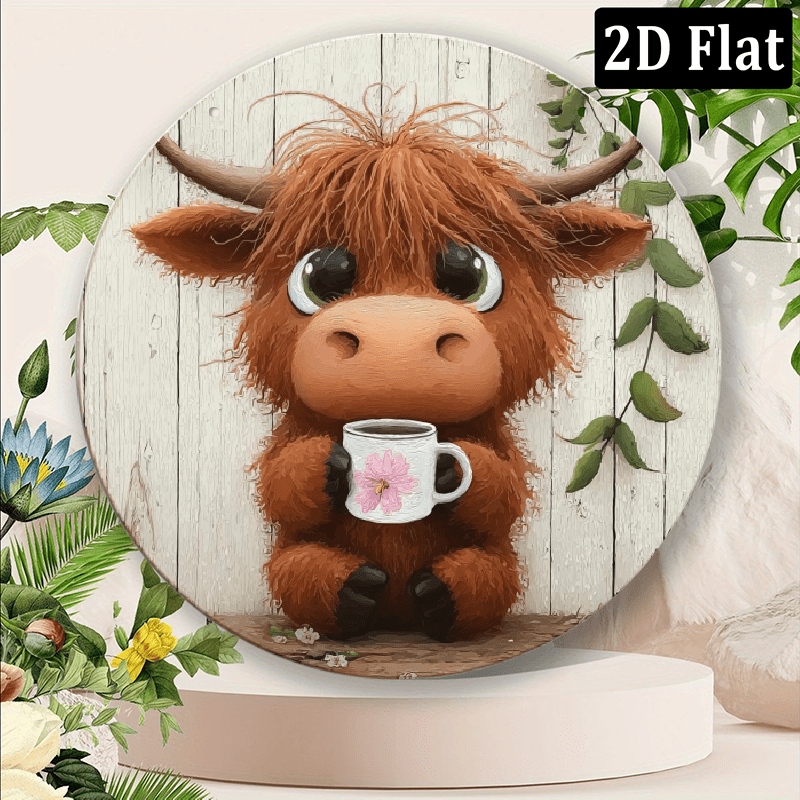 2D Flat, 1pc Cartoon Style, Highland Cow Theme Round Aluminum Sign ...