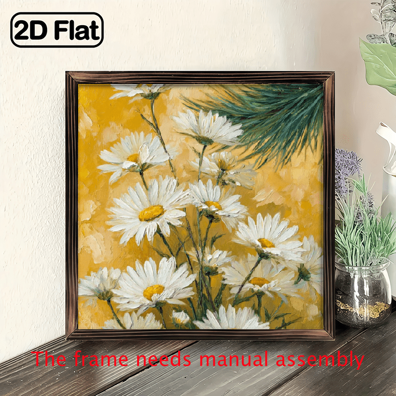 2D Flat, 1pc, Charming Field Of Daisies Art Wooden Sign, with Framed ...