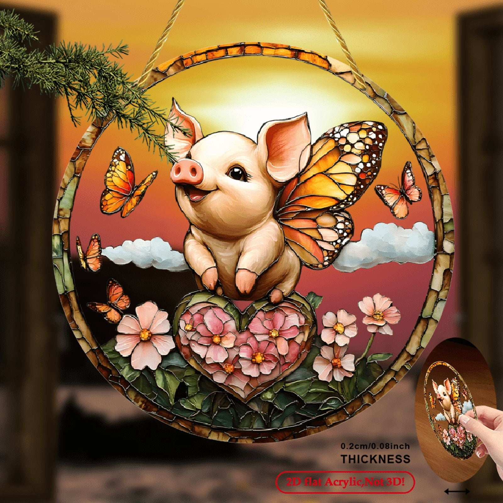 2D Flat, 1pc - Charming Piglet Butterfly Stained Style Suncatcher ...