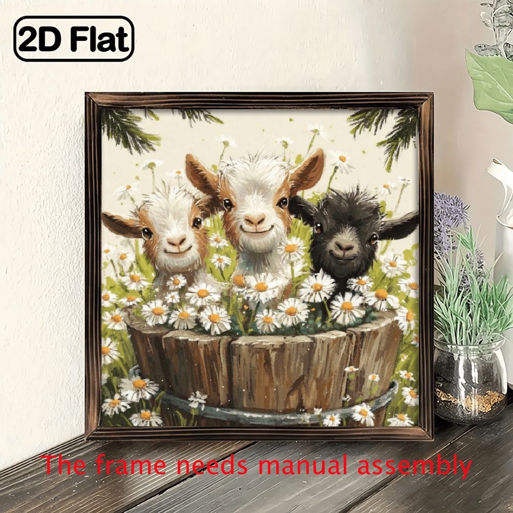 2D Flat, 1pc Charming Spring Goat Trio Wall Art Rustic Wooden Framed ...