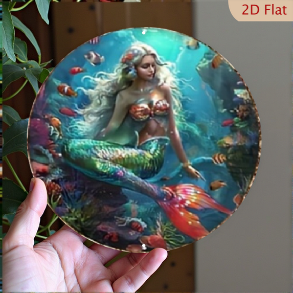 2D Flat, 1pc Circular Aluminum Metal Wall Art - Vibrant Mermaid Ocean ...