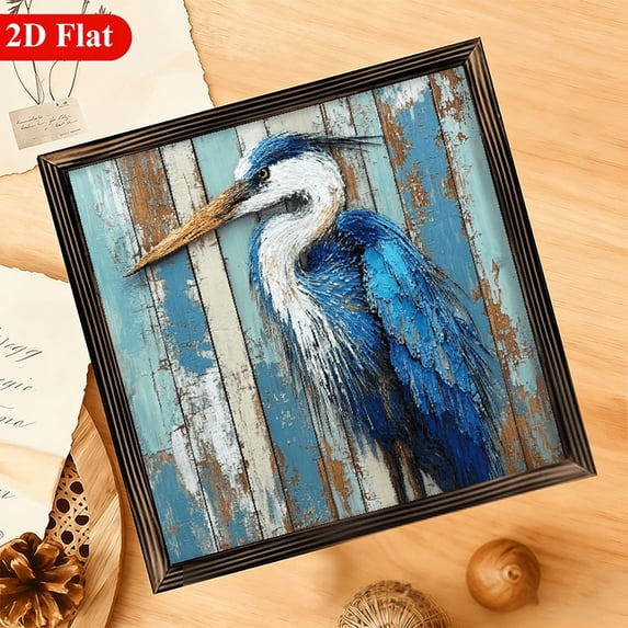 2D Flat, 1pc Classic Blue Heron Painting on Wooden Frame Sign - Rustic ...