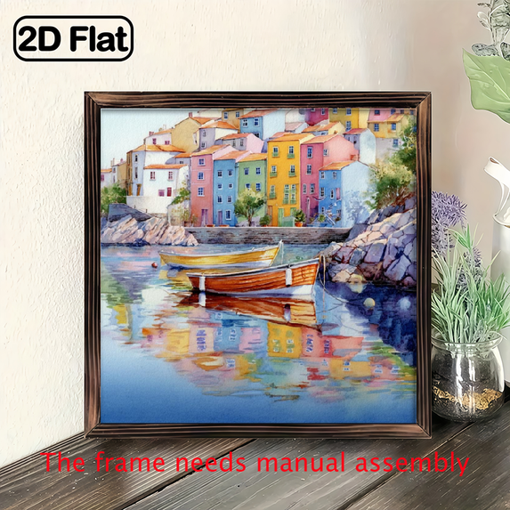 2D Flat, 1pc, Classic Colorful Waterfront Houses Watercolor Painting ...