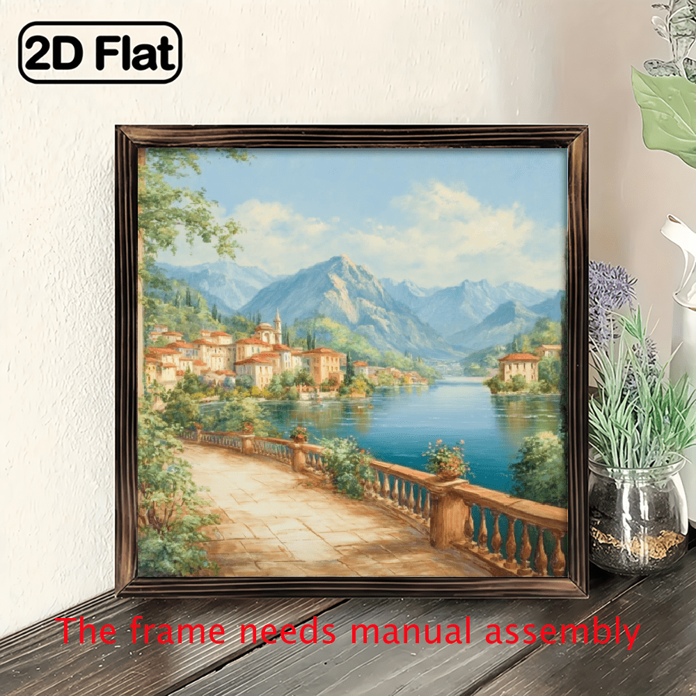 2D Flat, 1pc, Classic Italian Lakeside Village Landscape Frame Wooden ...