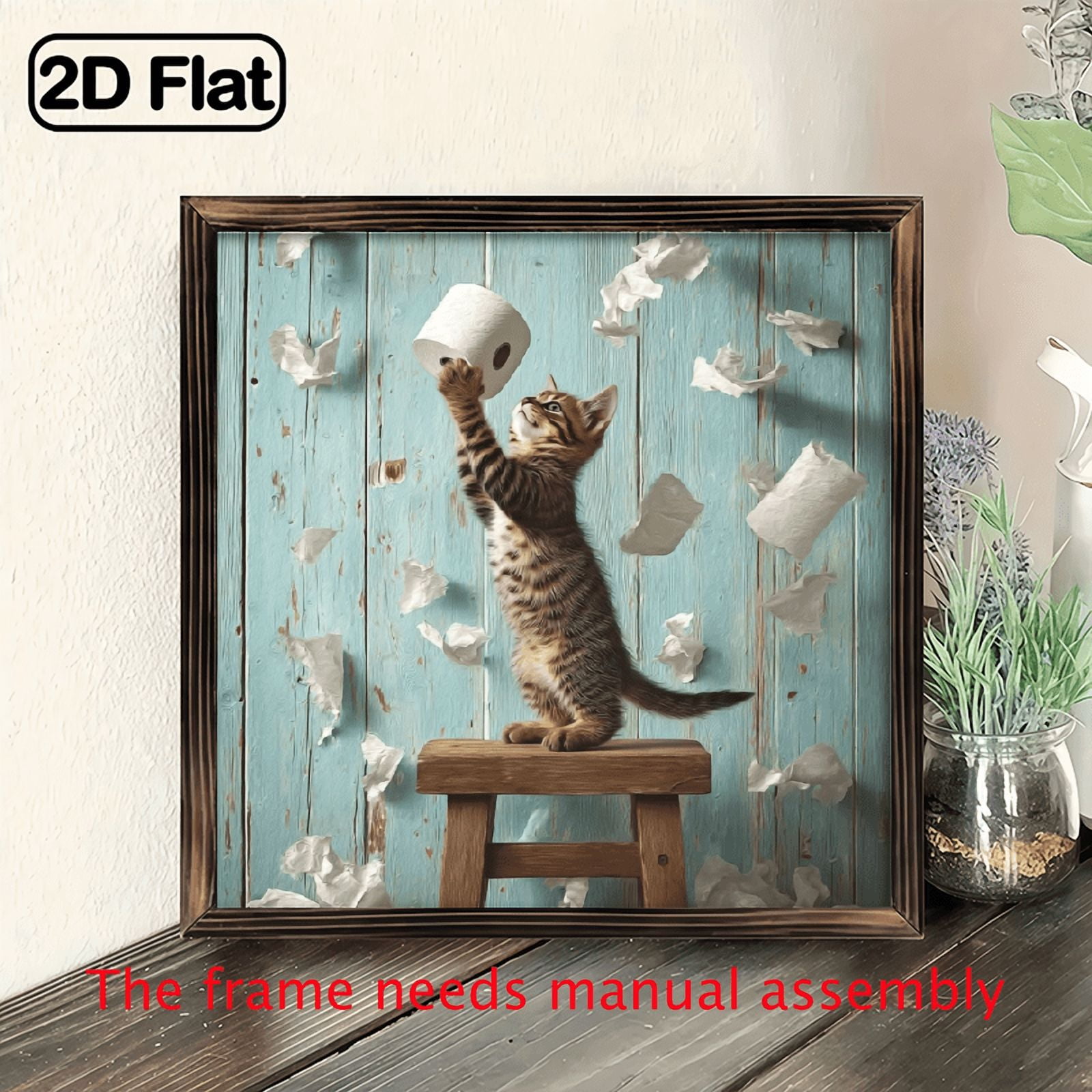 2D Flat, 1pc Country Wooden Striped Cat Toilet Paper Roll Art Sign with ...