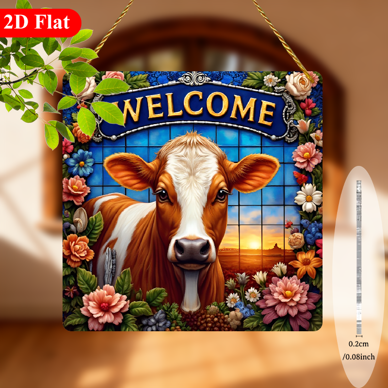 2D Flat, 1pc Cow Welcome Sign Window Hanging Suncatcher - 8-Inch Square ...