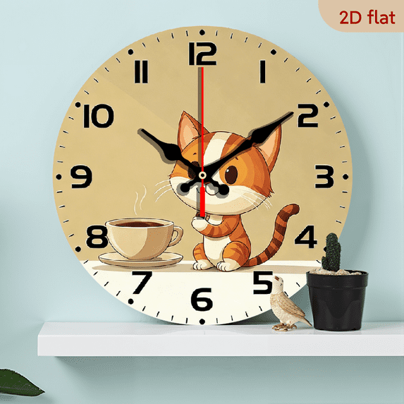 2D Flat, 1pc, Cute Cartoon Cat 10-inch Wood Veneer Round Silent Wall ...