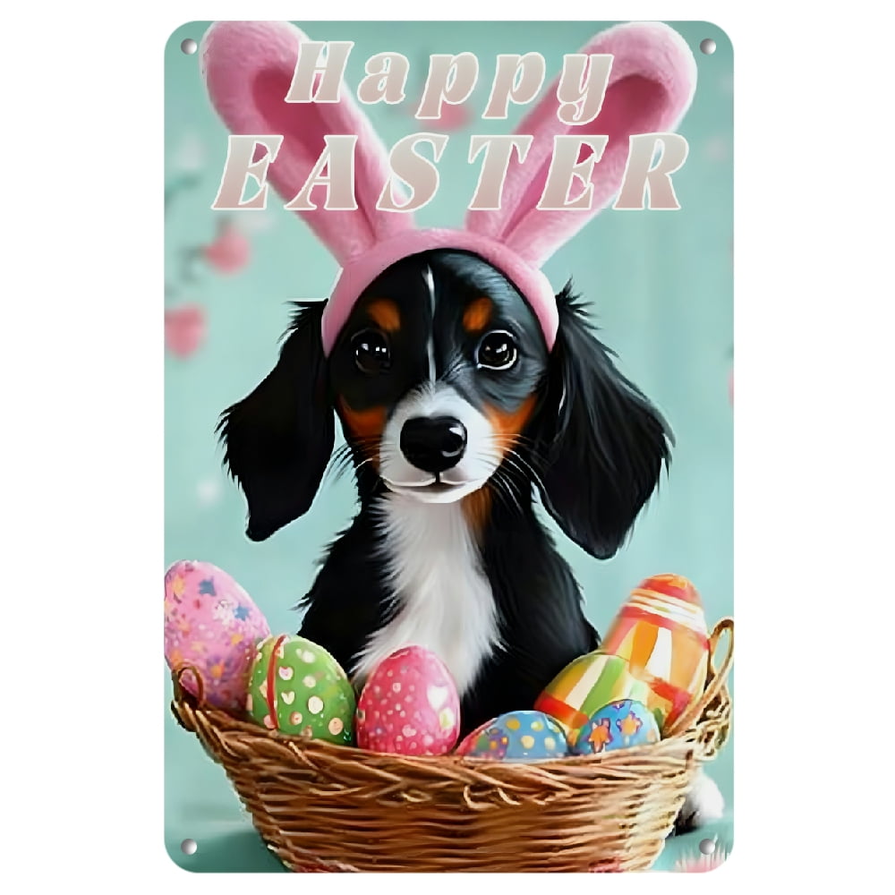 [2D Flat]1pc Easter Dachshund Metal Sign with Bunny Ears & Colorful ...