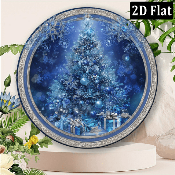 2D Flat, 1pc Elegant Blue Christmas Tree Aluminum Wall Sign - 8x8 inch ...