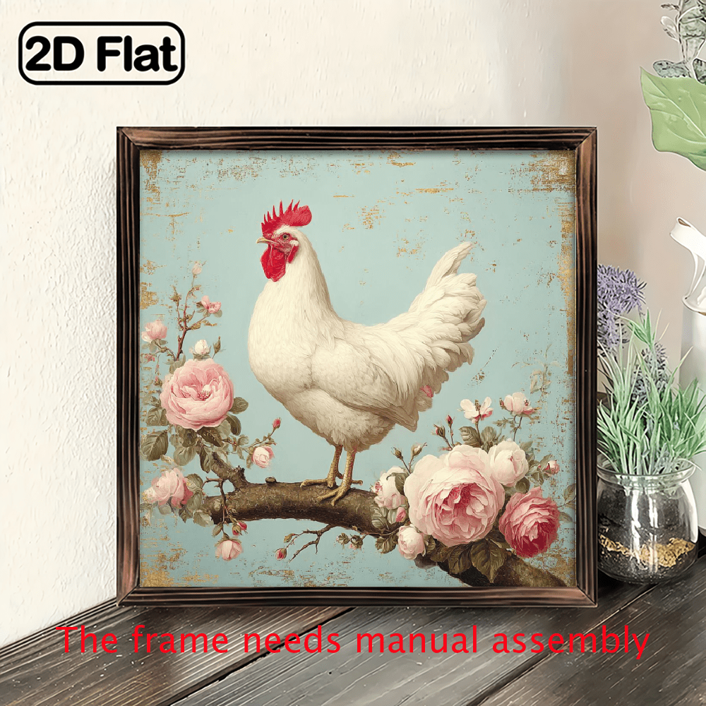 2D Flat, 1pc Farmhouse Rooster Floral Wood Wall Art - White Brown ...