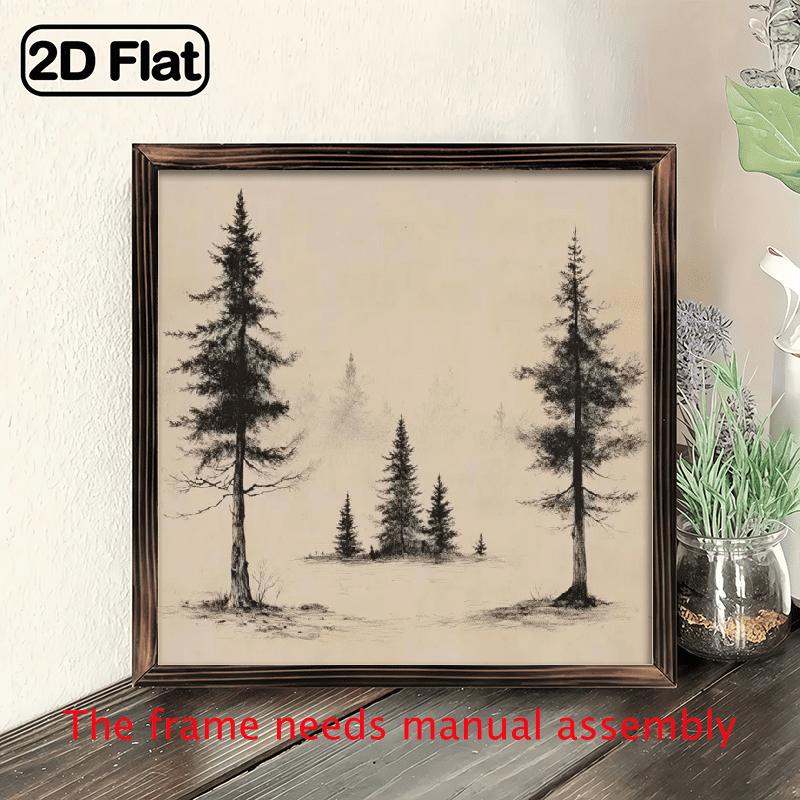 2D Flat, 1pc Framed Woodblock Print - Pine Forest Landscape with Snowy ...