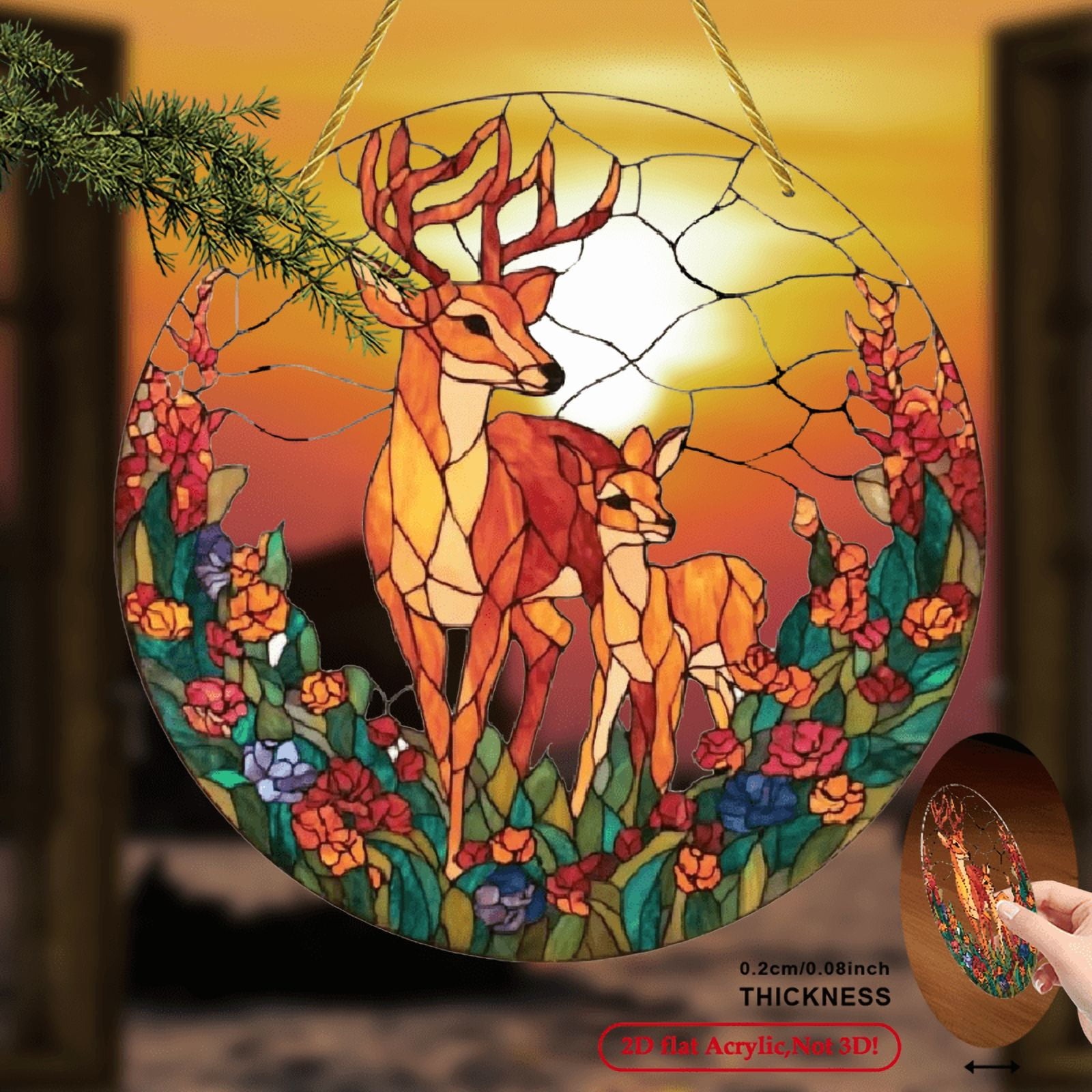 2D Flat 1pc Garden Deer and Fawn Suncatcher, 8x8 Inch Round Acrylic ...