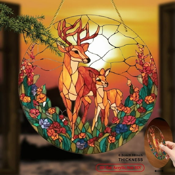 2D Flat 1pc Garden Deer and Fawn Suncatcher, 8x8 Inch Round Acrylic ...