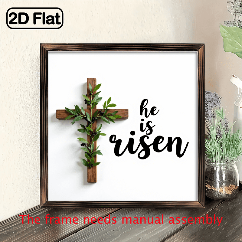 2D Flat, 1pc Handcrafted Wooden Wall Art Sign He is Risen with Cross ...