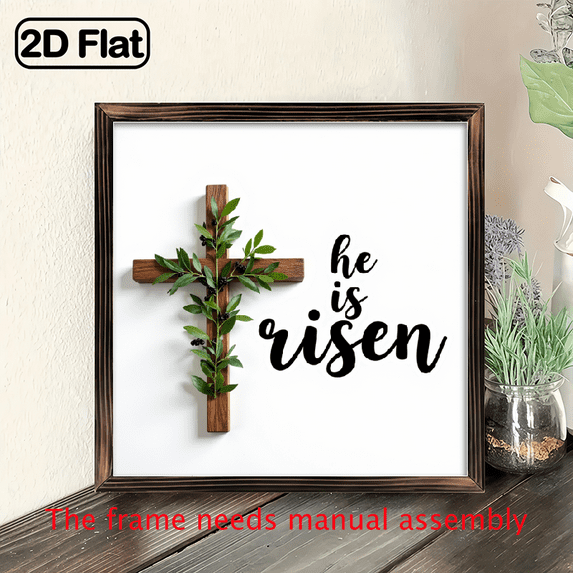 2D Flat, 1pc Handcrafted Wooden Wall Art Sign He is Risen with Cross ...
