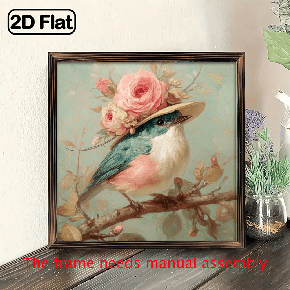 2D Flat, 1pc Heart Shaped Bird with Hat and Roses Wall Sign, Vintage ...