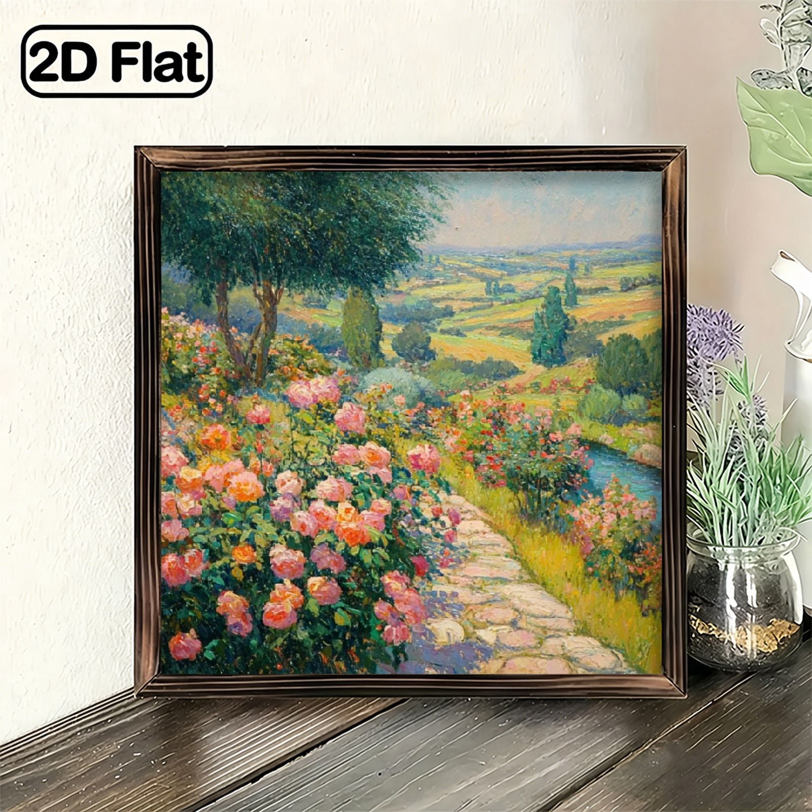 2D Flat, 1pc Heart Shaped Impressionist Rose Garden Landscape Art ...