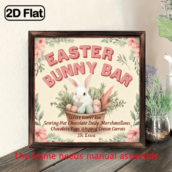2D Flat, 1pc, Heartwarming 'Easter Bunny Bar' Wooden Framed Sign ...