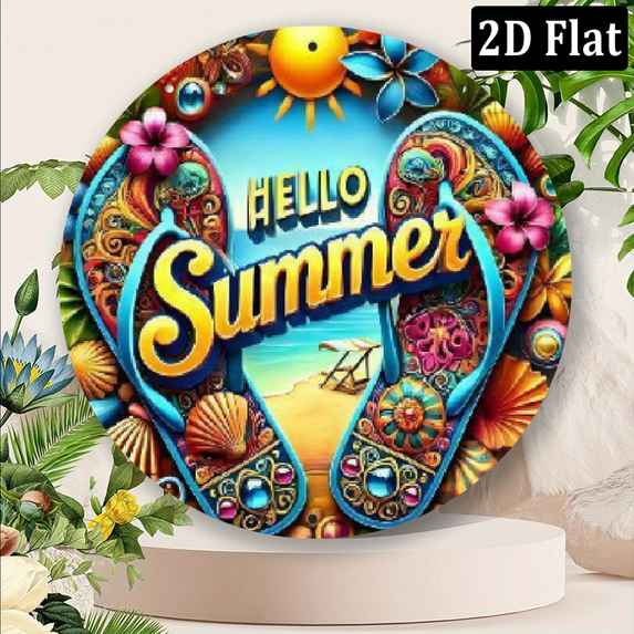 2D Flat, 1pc Hello Summer Round Aluminum Wall Sign - 8x8 Inch Vibrant ...