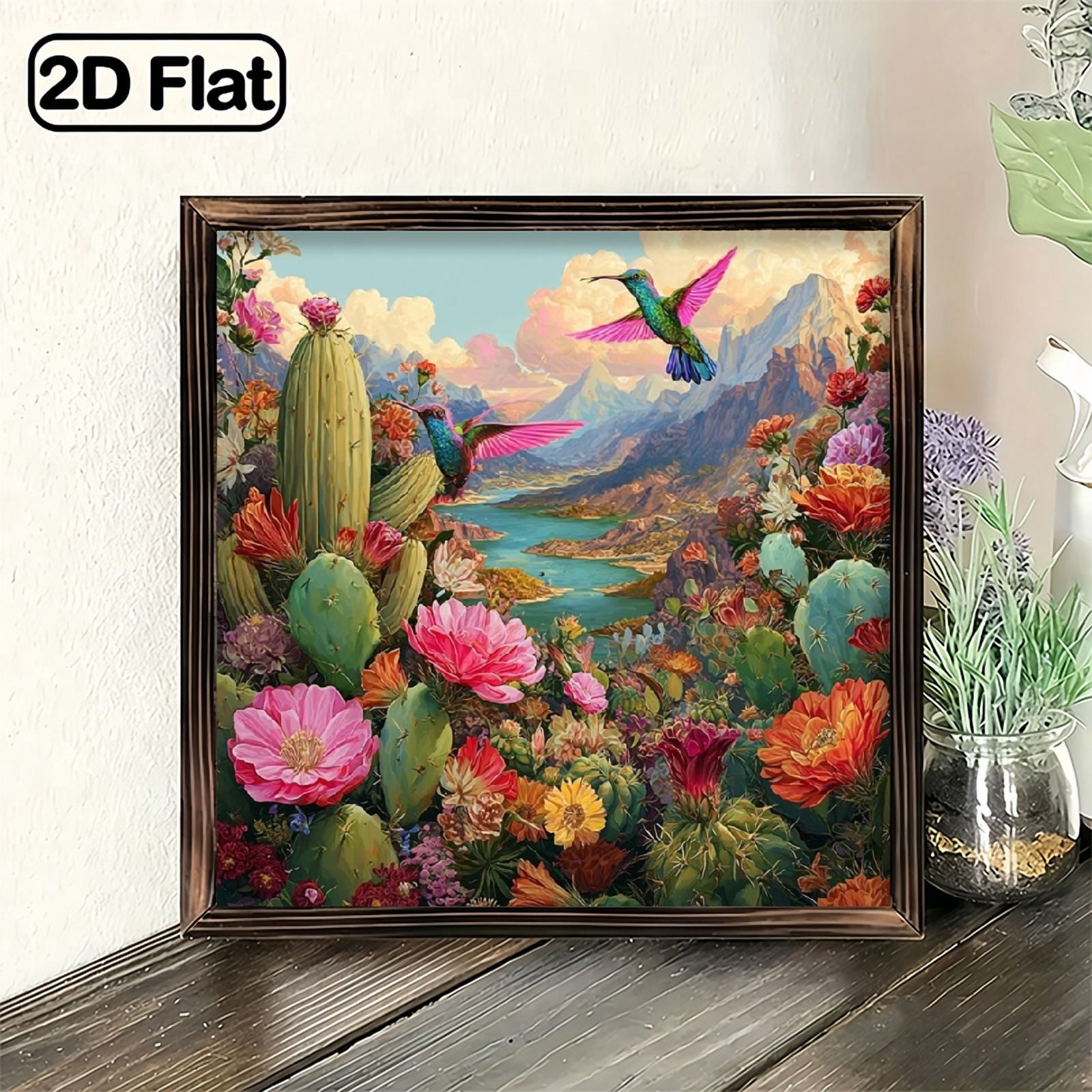 2D Flat, 1pc Hummingbird Desert Landscape Wall Art, Heart Shaped 8x8 ...