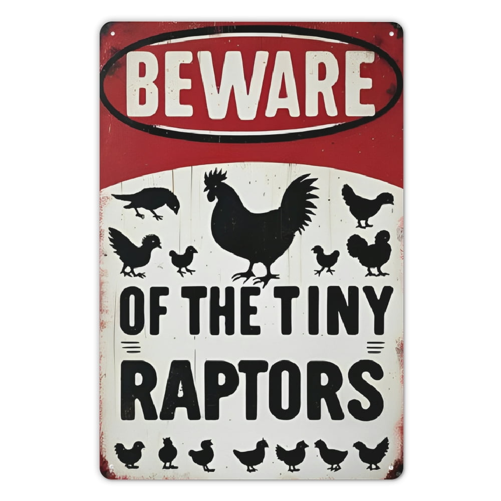 2D Flat, 1pc Humorous Farm Chicken Coop Metal Tin Sign - Retro "BEWARE OF THE TINY RAPTORS ...