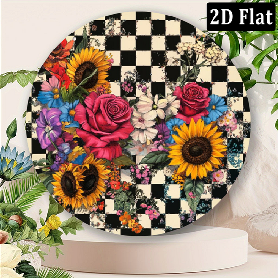2D Flat 1pc Iron Wall Decoration with Retro Floral and Checkered ...