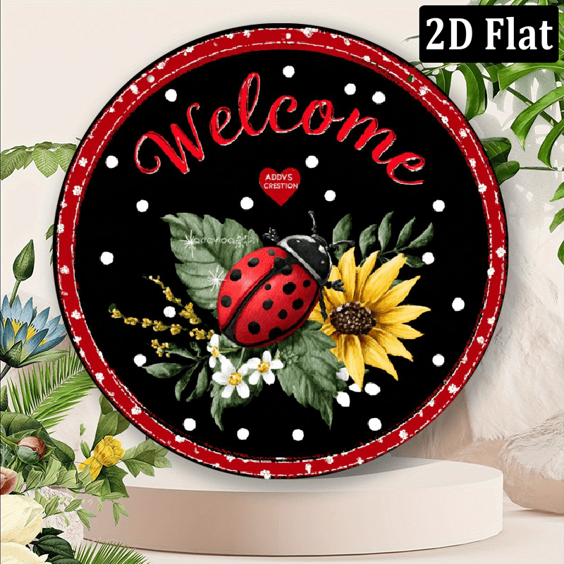 2D Flat, 1pc Ladybug Welcome Sign, 8x8 Inch Aluminum Alloy Round Wall ...