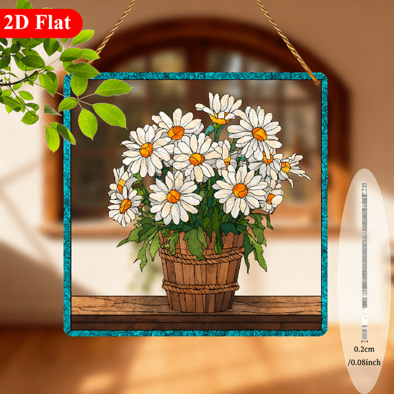 2D Flat, 1pc Large 8-Inch Square Daisy Flower Suncatcher Window Hanging ...
