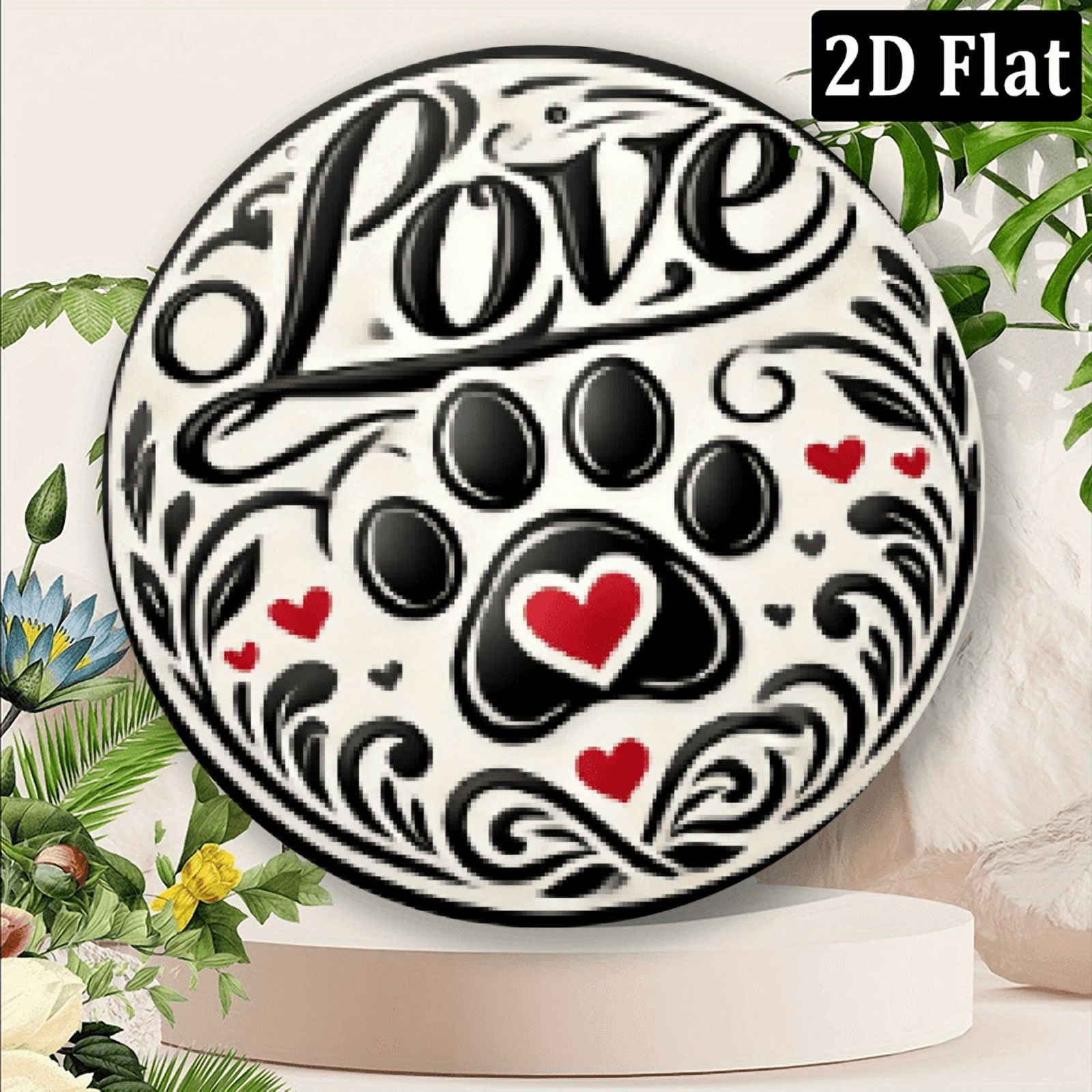 2D Flat, 1pc Love Paws Dog Paw Print Aluminum Wall Art 8x8 Inch Round ...