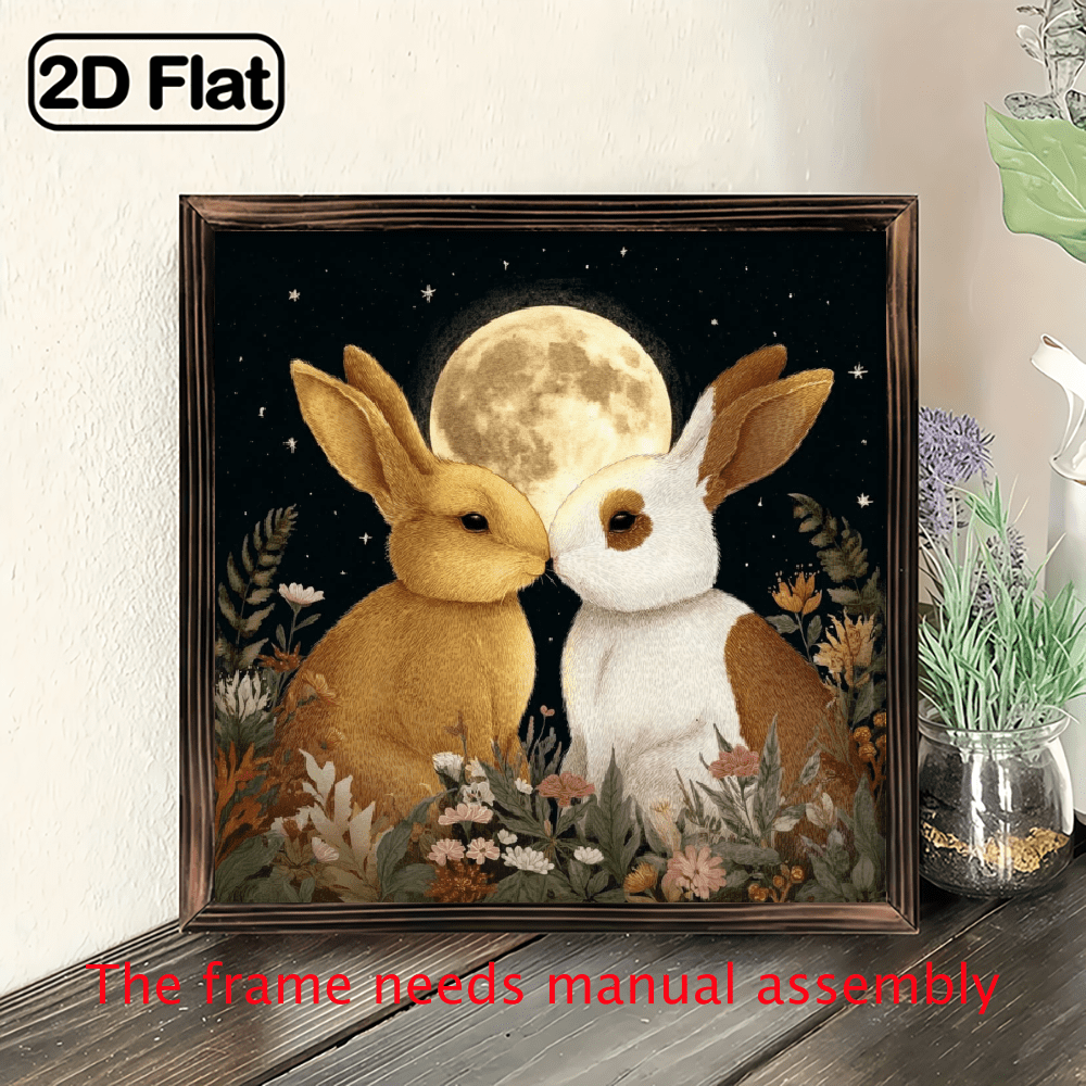 2D Flat, 1pc Moon Rabbit Pair Wood Wall Art - 8x8 Inch Square Framed ...
