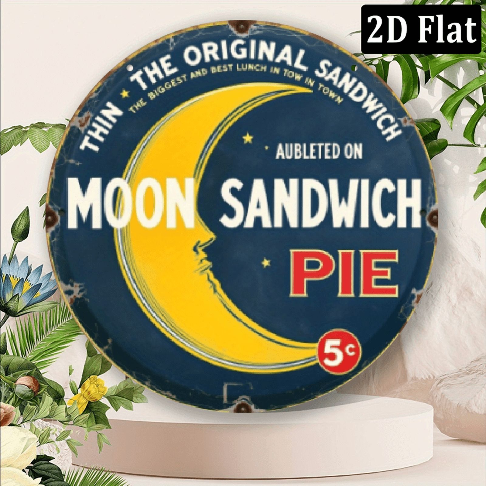 2D Flat, 1pc Moon Sandwich Vintage Metal Sign, 8x8 inches, Retro Round ...