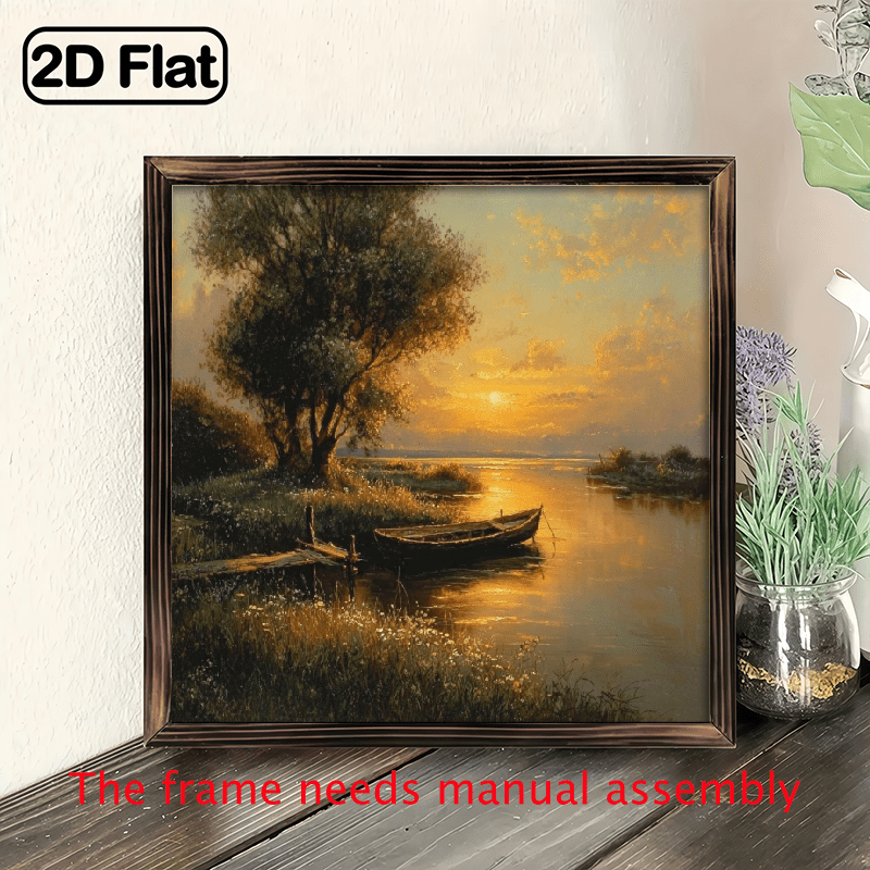 2D Flat, 1pc Old Wooden Boat on River Bank Wall Art - Gallery-Wrapped ...