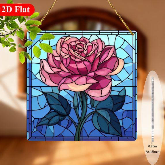 2D Flat, 1pc Pink Rose Acrylic Suncatcher, 8x8-Inch Decor for Window ...