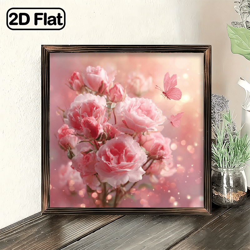 2D Flat, 1pc Pink Roses Butterflies Heart Shape Wall Art Print, 8x8 ...