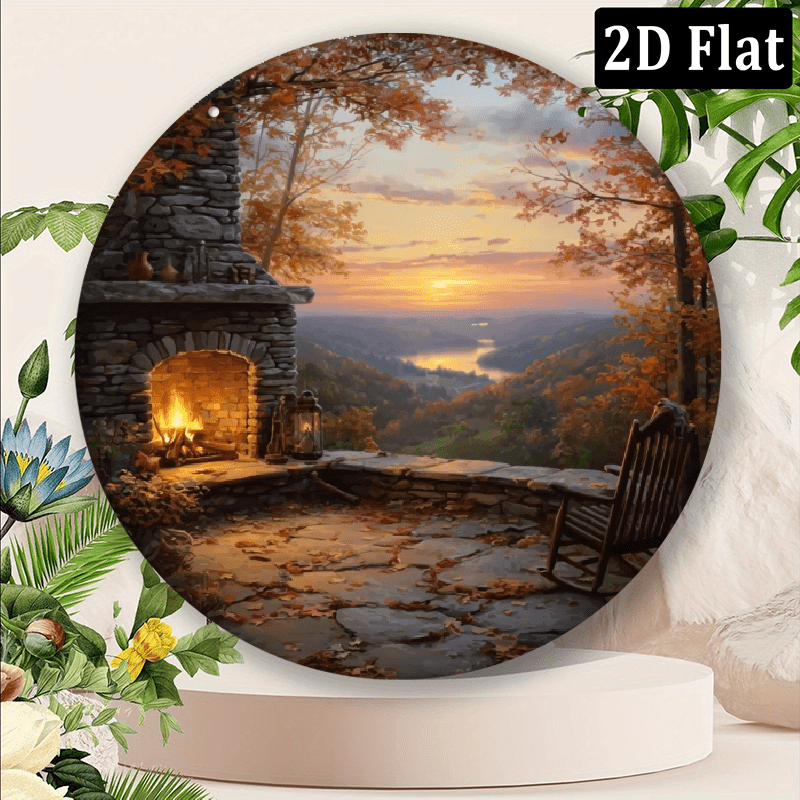 2D Flat, 1pc Retro Log Cabin Sunset View Circular Aluminum Wall Art ...