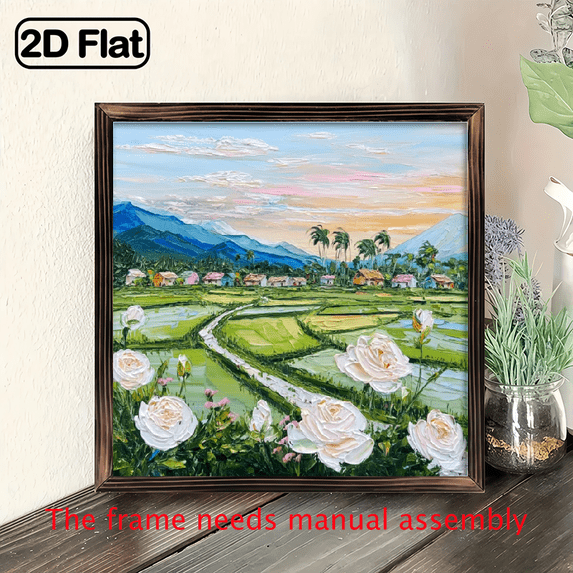 2D Flat, 1pc Romantic Rice Paddy Fields with Roses Frame Wooden Wall ...