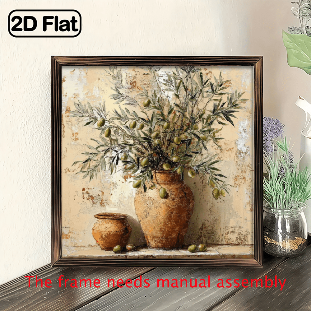 2D Flat, 1pc Room Decor 1pc Olive Branch Vase Art Print, Wooden Framed ...