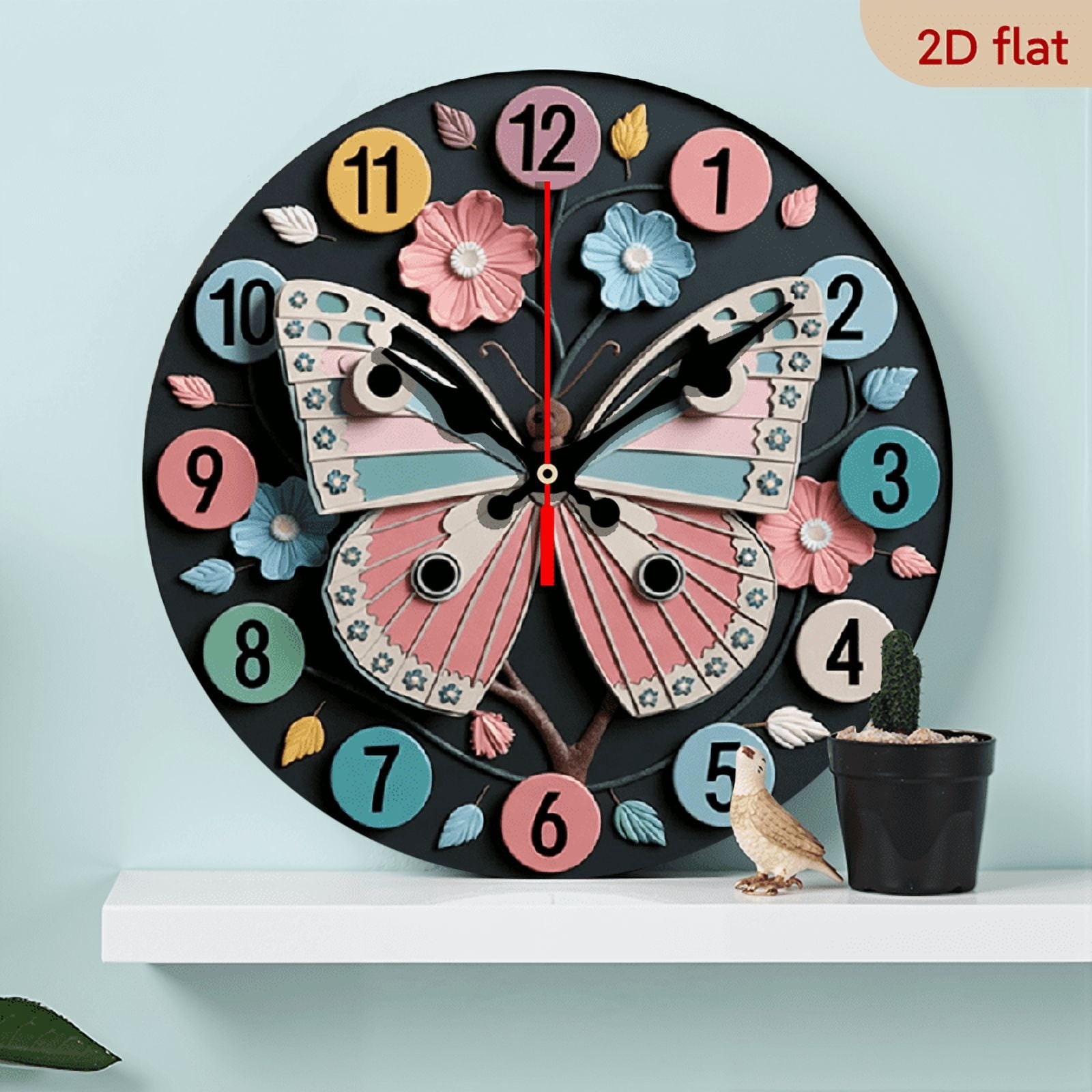 2D Flat, 1pc, Round Wooden Wall Clock 1pc 10-Inch Unique Gift Floral ...