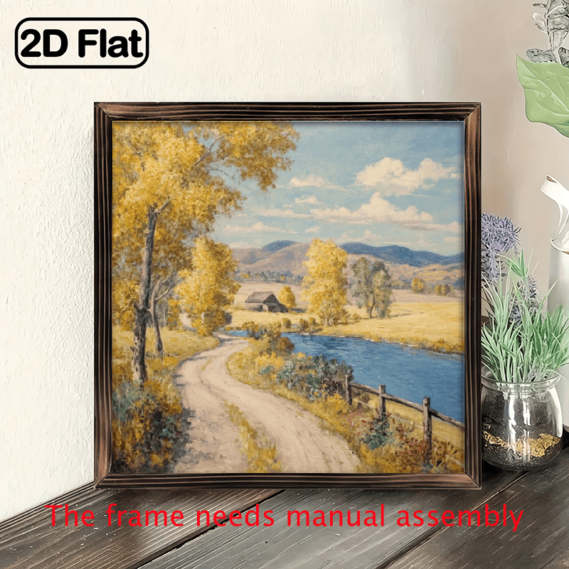 2D Flat, 1pc Rustic Autumn Landscape Wooden Wall Art - Country Road ...