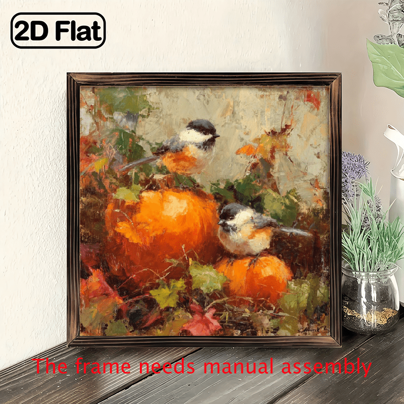 2D Flat, 1pc Rustic Birds on Pumpkins Wood Framed Wall Art - Autumn ...