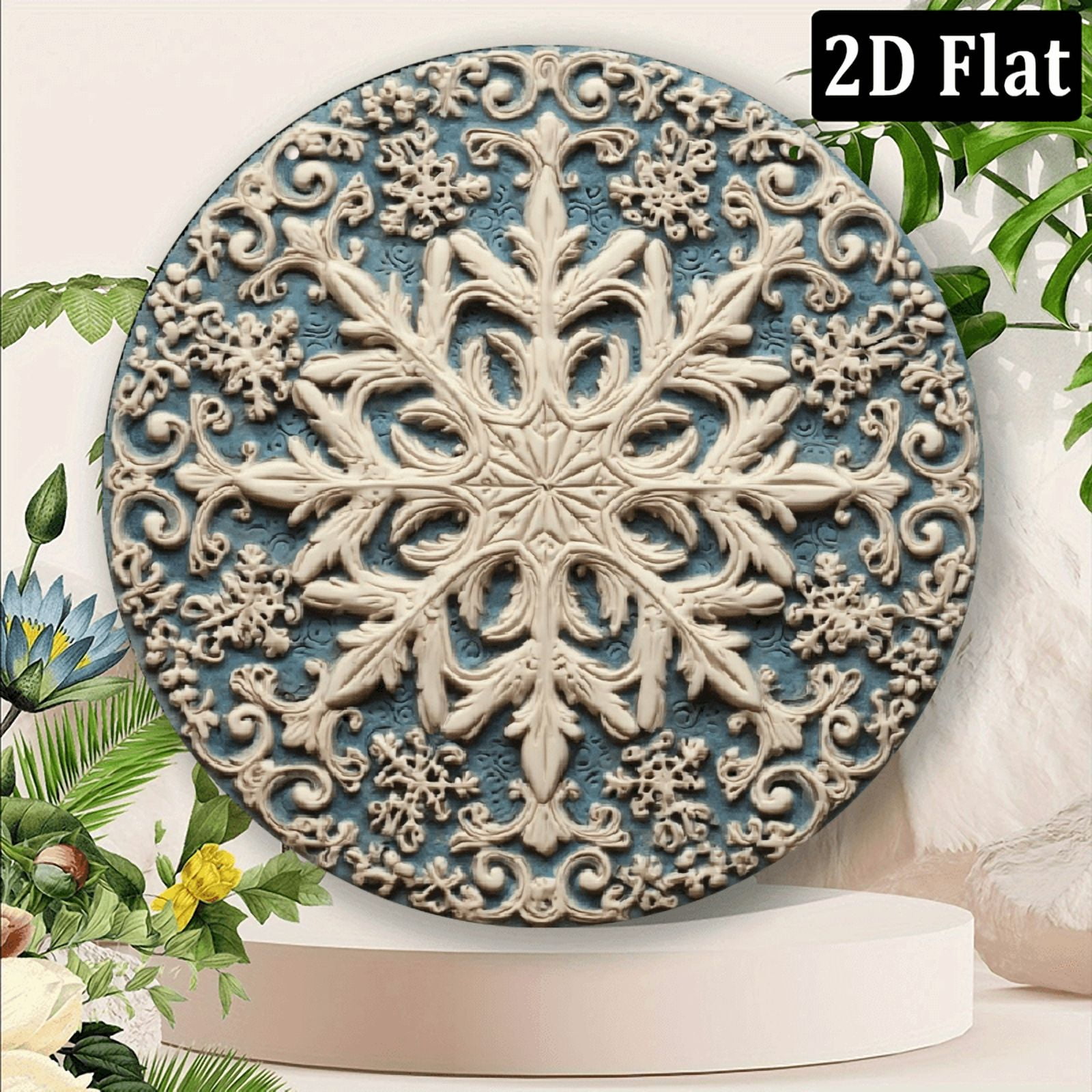 2D Flat, 1pc Rustic Blue and White Snowflake Iron Sign, 8x8inch Round ...