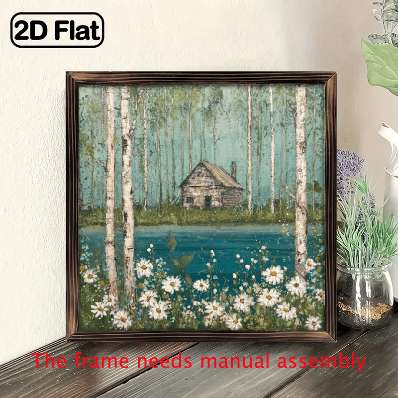 2D Flat, 1pc, Rustic Cabin by the Lake with Daisies Frame Wooden Sign ...