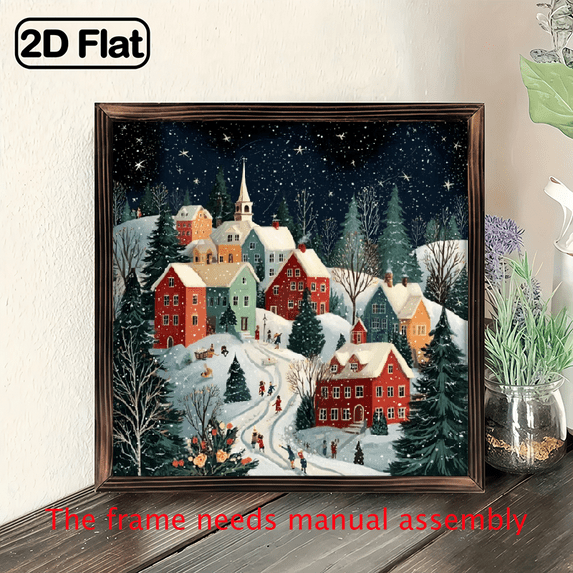 2D Flat, 1pc Rustic Christmas Village Wall Art - Snowy Winter Scene ...
