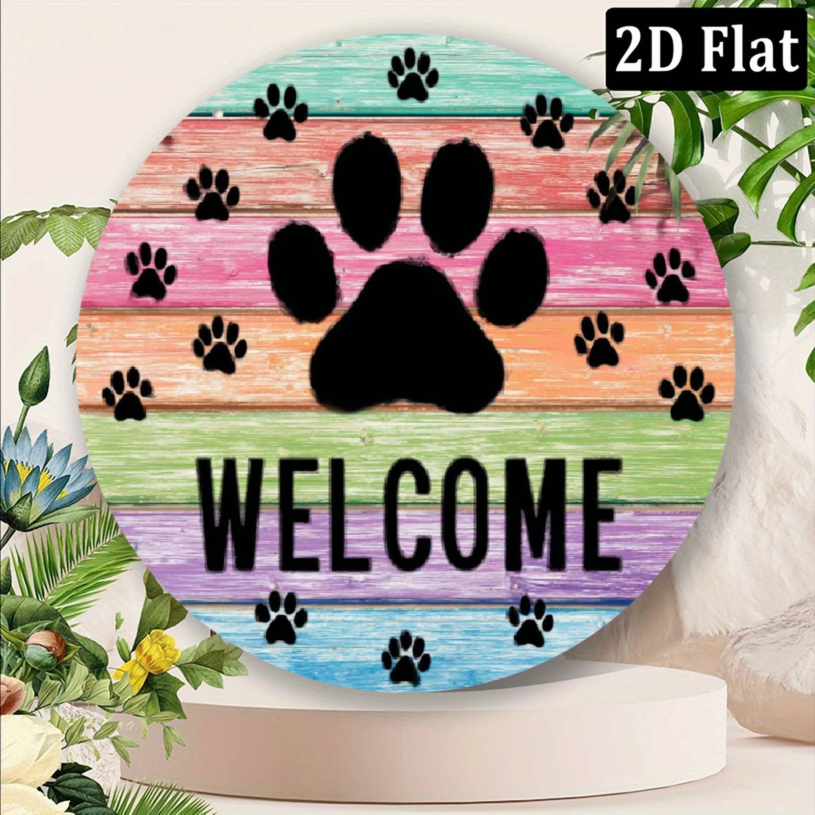 2D Flat, 1pc Rustic Dog Paw Print Welcome Sign - 8x8 Inch Round Wall ...