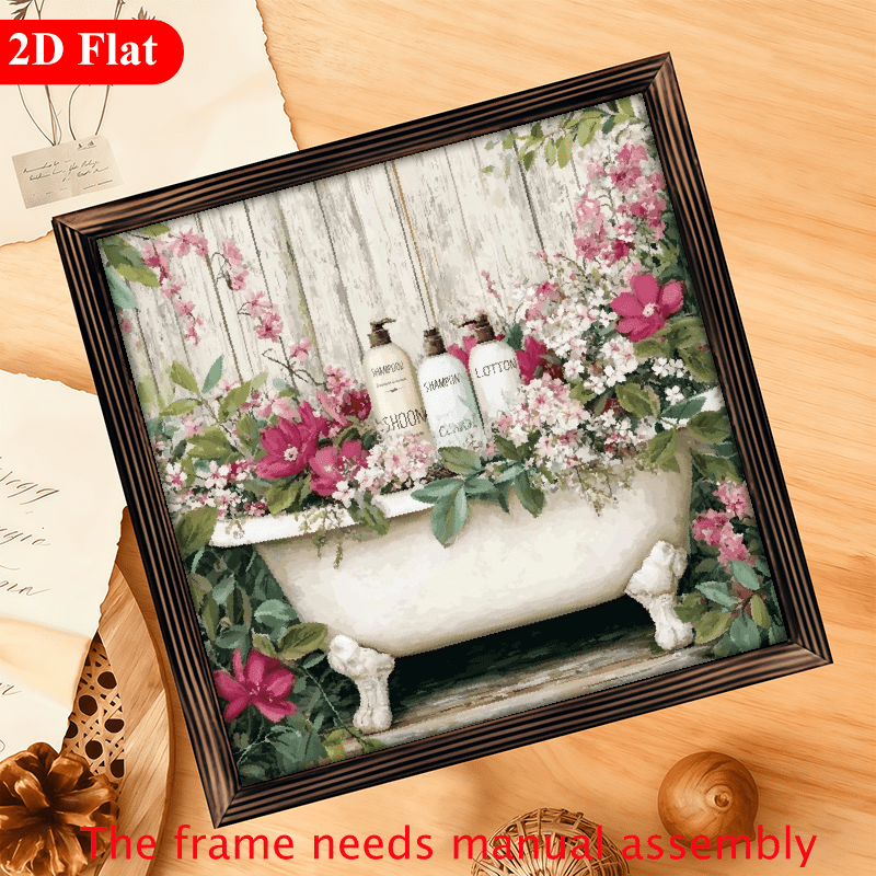 2D Flat, 1pc Rustic Farmhouse Bathtub Floral Wall Art - Vintage White ...
