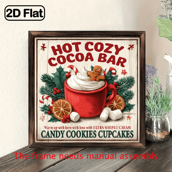 2D Flat, 1pc Rustic Farmhouse Hot Cocoa Bar Framed Wood Sign - 8x8 Inch ...